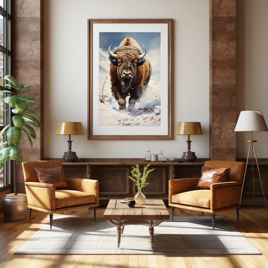 Fluffy Buffalo in Snowy Landscape Portrait Vintage Color Art Print Mid ...