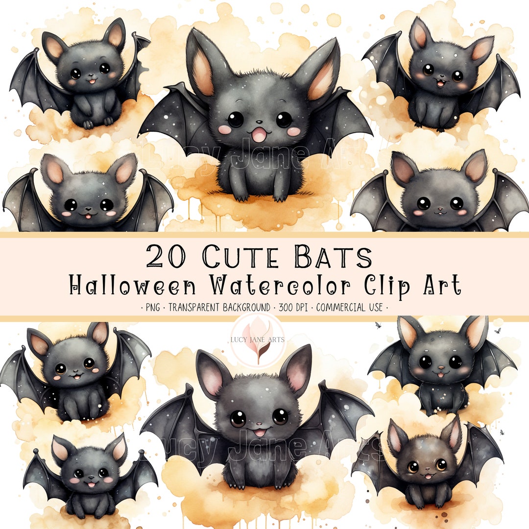 Watercolor Halloween Cute Bat Clipart Spooky Kawaii (Download Now) - Etsy