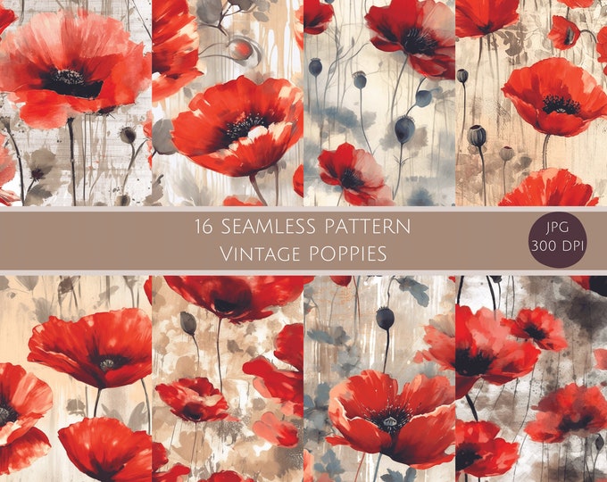 16 Seamless Vintage Poppy Digital Download Patterns, Seamless Prints ...