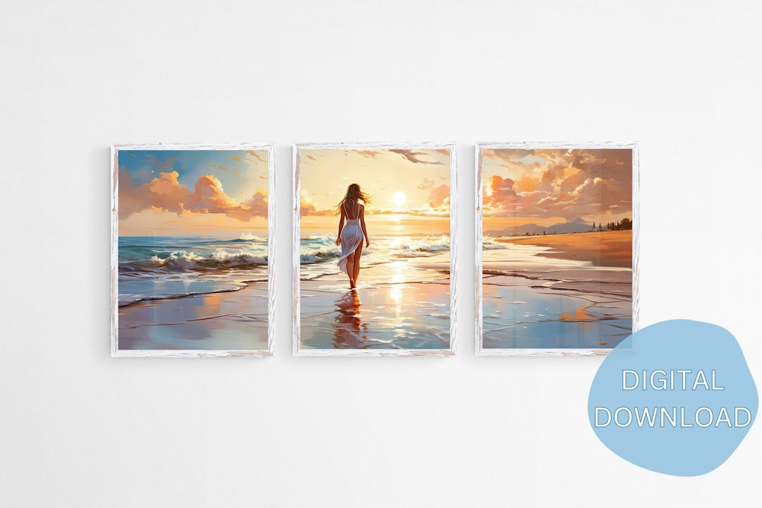 Woman Walking on Beach Beautiful Sunset Triptych Wall Art, Ocean Print, Seascape Coastal ...