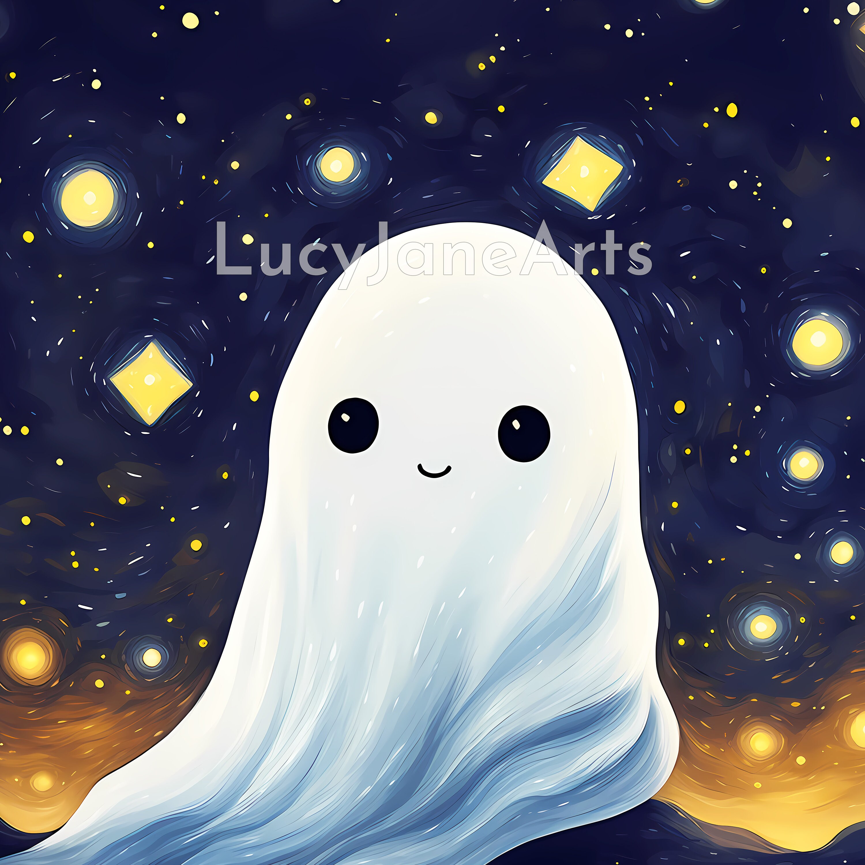 Van Gogh's the Starry Night Ghost Print, Night's Embrace, Cute Spooky ...