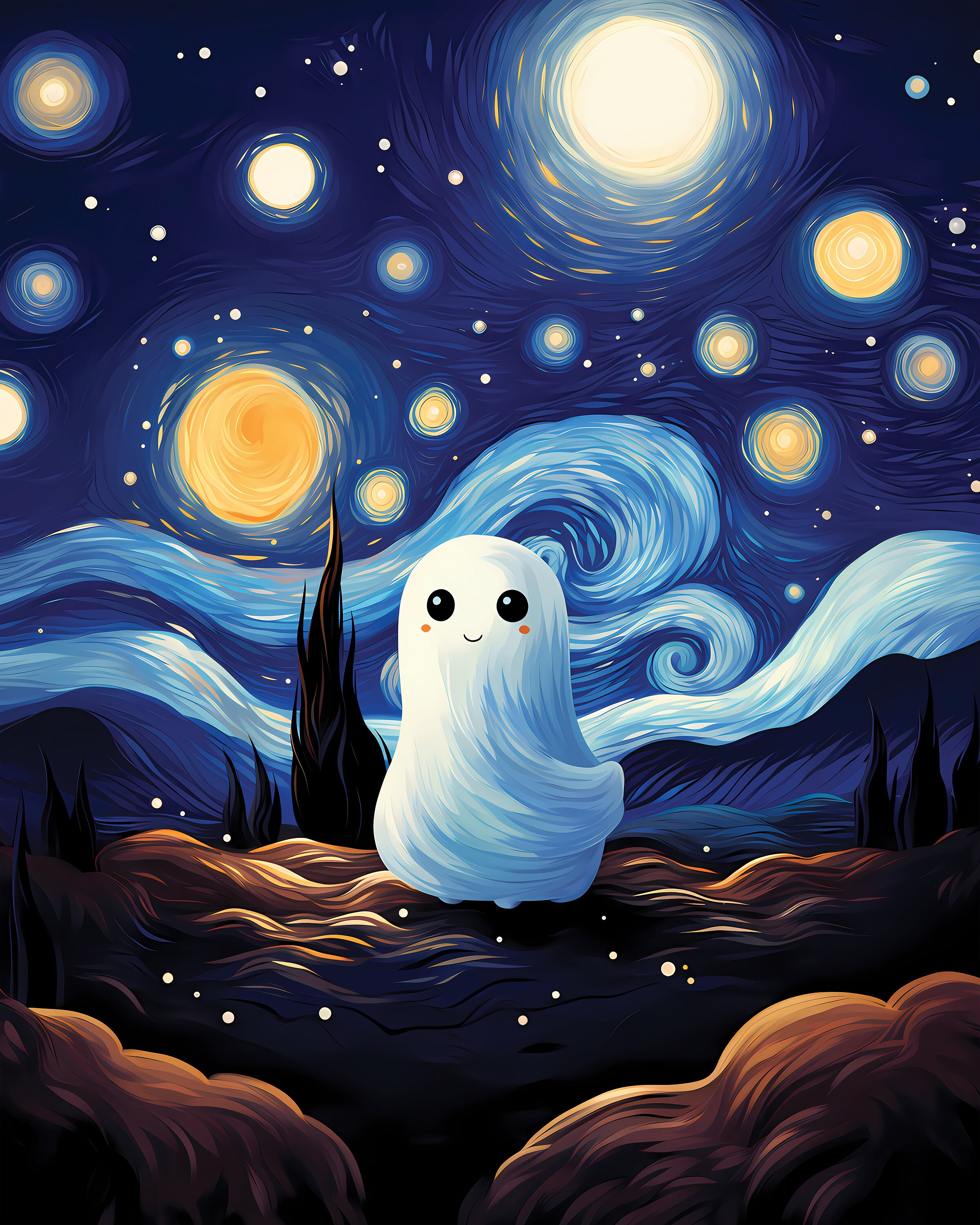 Van Gogh's the Starry Night Ghost Print, Ghostly Starlight, Cute Spooky ...