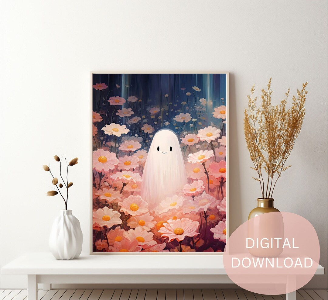 Pink Floral Ghost Wall Art, Cute Ghost Print, Cottagecore, Halloween ...