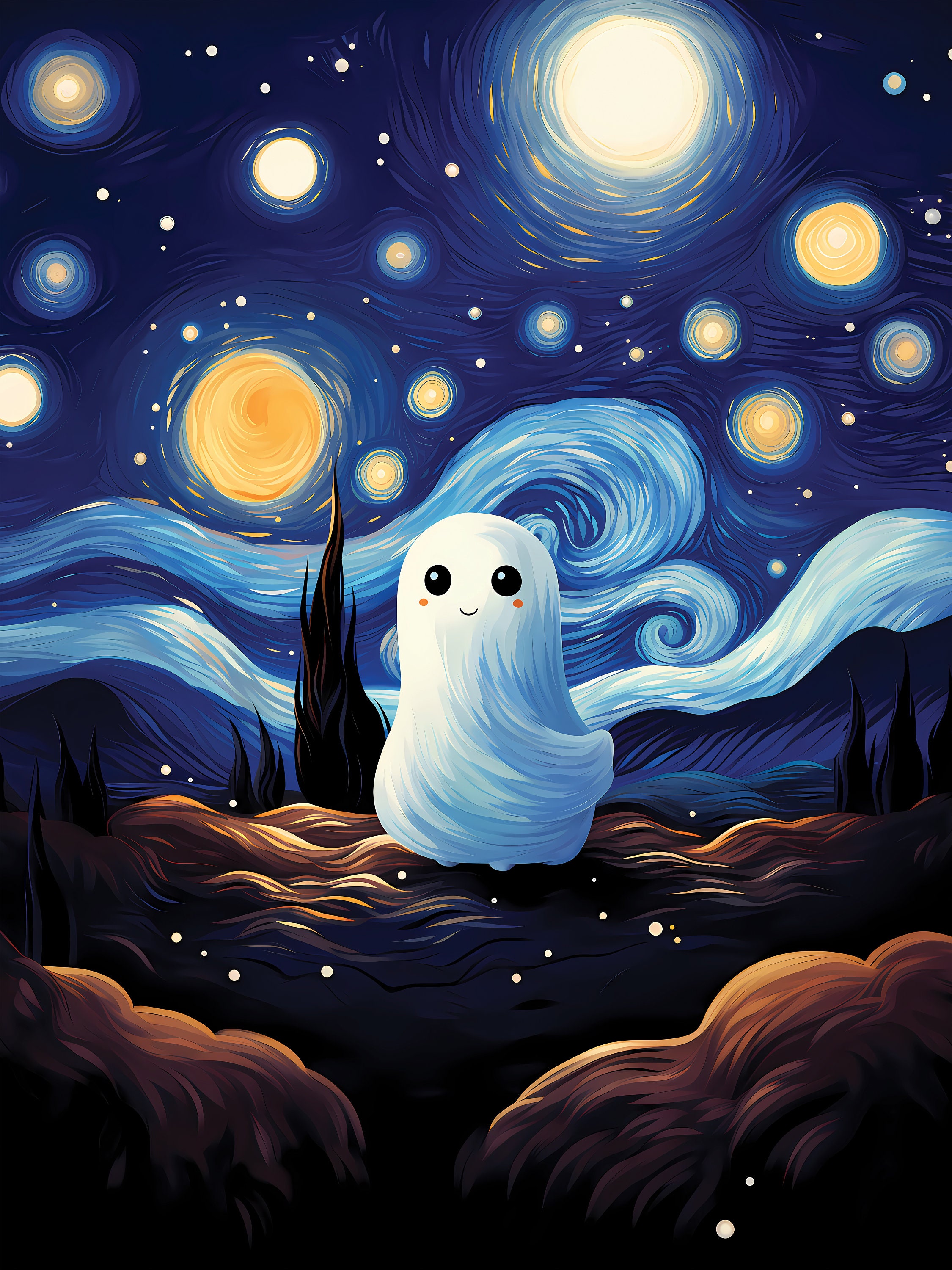 Van Gogh's the Starry Night Ghost Print, Ghostly Starlight, Cute Spooky ...