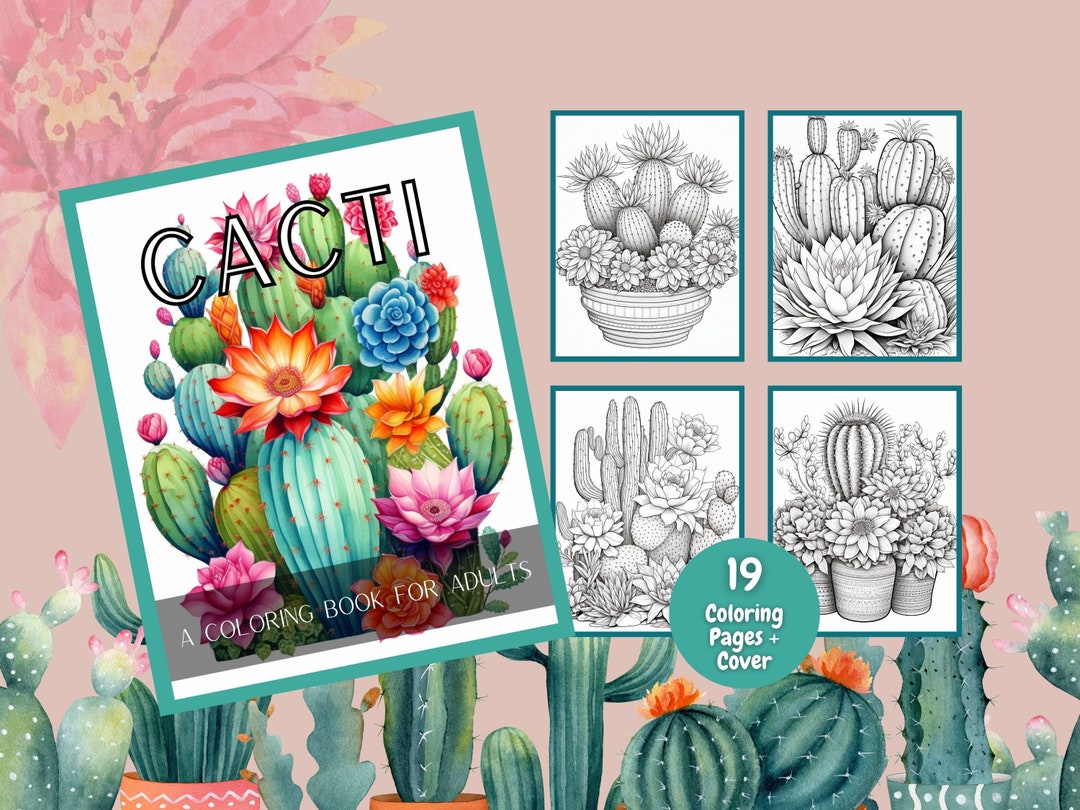 Cacti Adult Coloring Book, Grayscale Coloring Book for Adults, Cactus ...