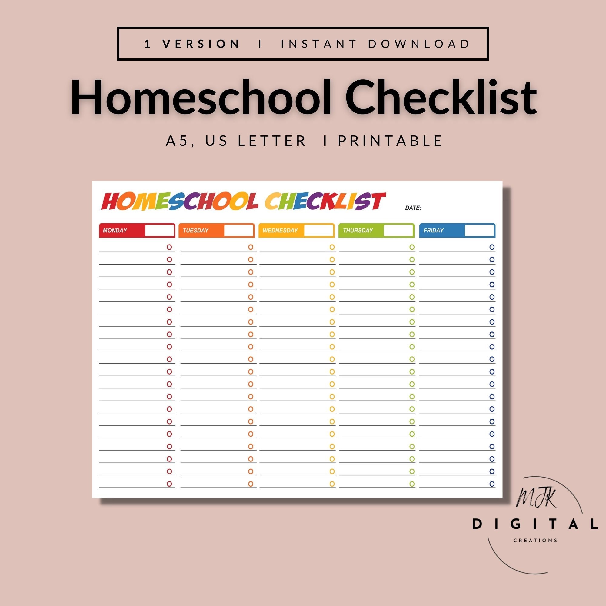 Homeschool Checklist Printable, Daily Tasks List, Homeschool Planner ...