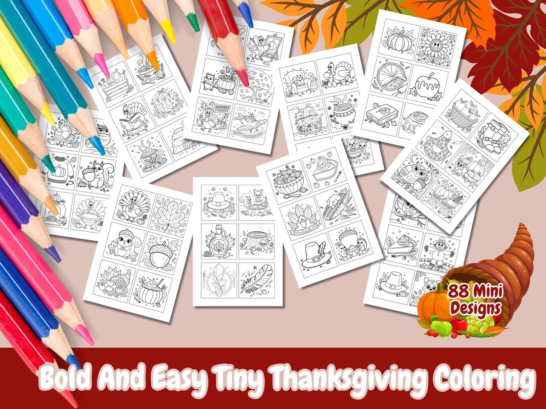 Bold and Easy Tiny Thanksgiving Coloring Pages, 88 Mini Designs, Kids ...