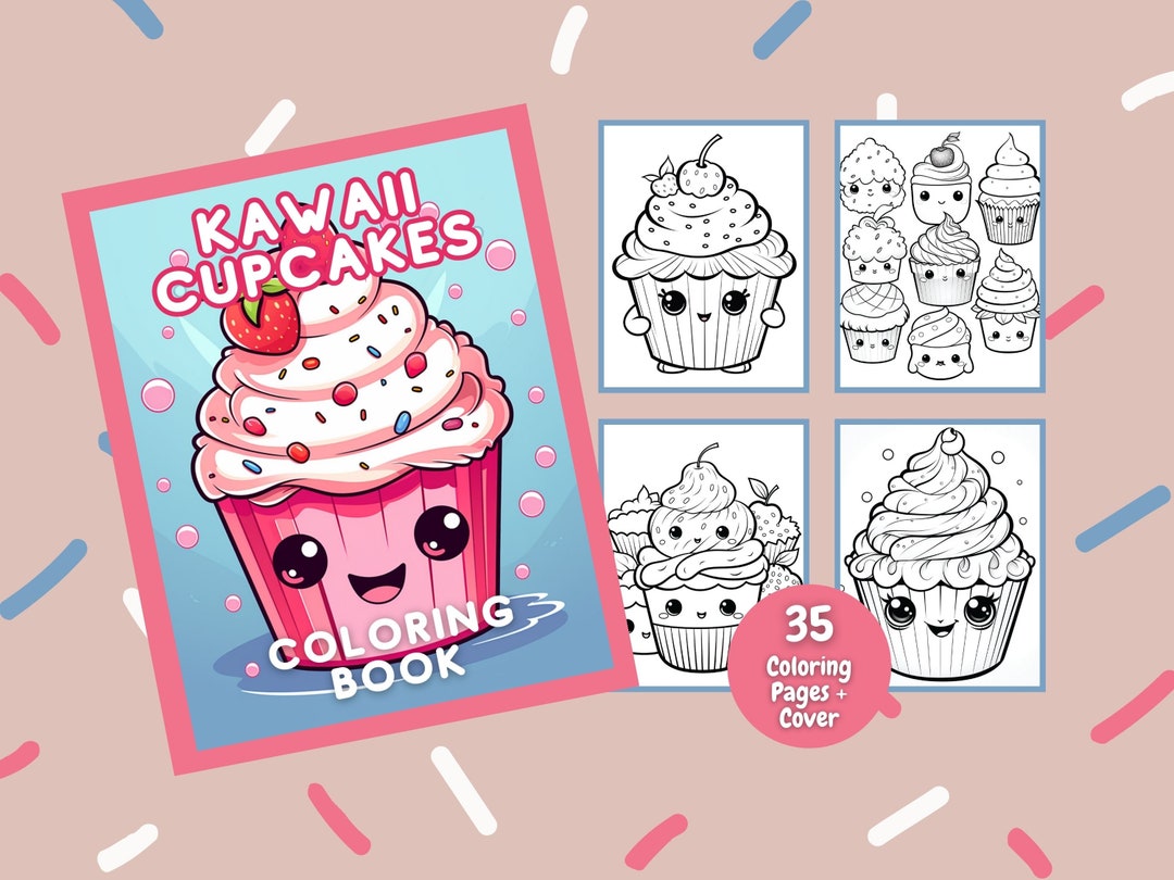 Kawaii Cupcakes Coloring Book, Kids Coloring Pages, Adult Coloring Book ...