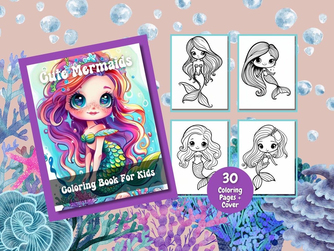 Cute Mermaids Coloring Book, Mermaid Birthday, Kids Coloring Book ...