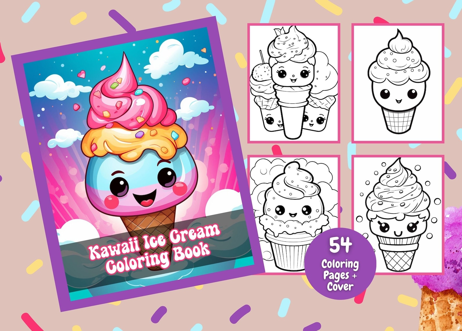 Kawaii Ice Cream Coloring Book, Kids Coloring Pages, Adult Coloring ...