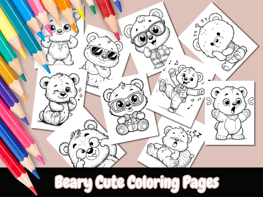 Beary Cute Coloring Pages, Adults and Kids, Instant Download, Coloring ...