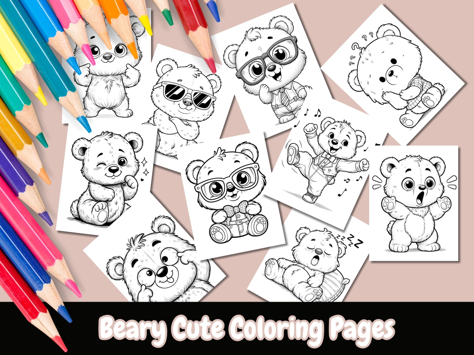 Beary Cute Coloring Pages, Adults and Kids, Instant Download, Coloring ...