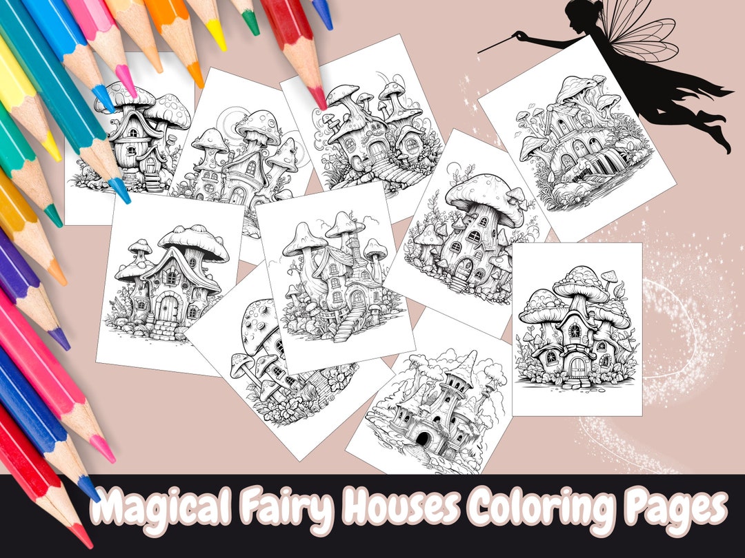 Magical Fairy Houses Coloring Pages, Fairies, Fantasy Coloring ...