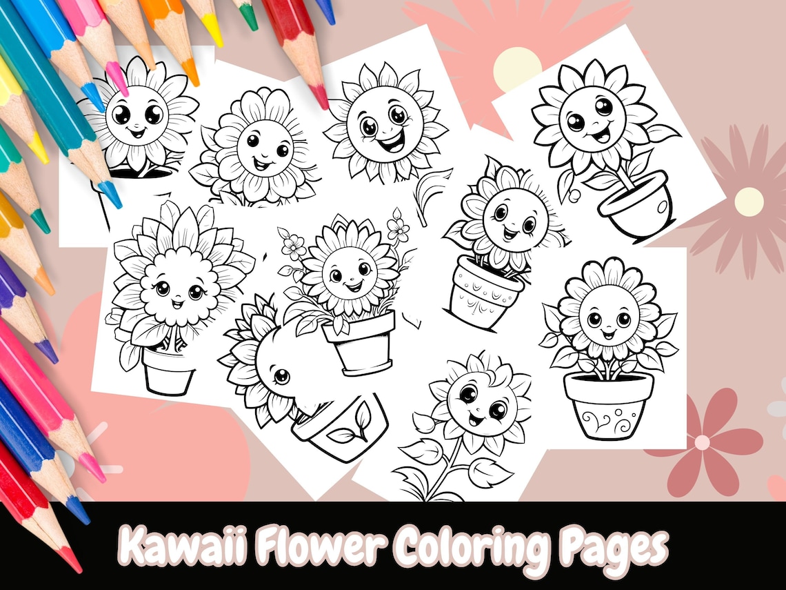 Kawaii Flower Coloring Pages for Kids, Kawaii, Coloring Book, Coloring ...