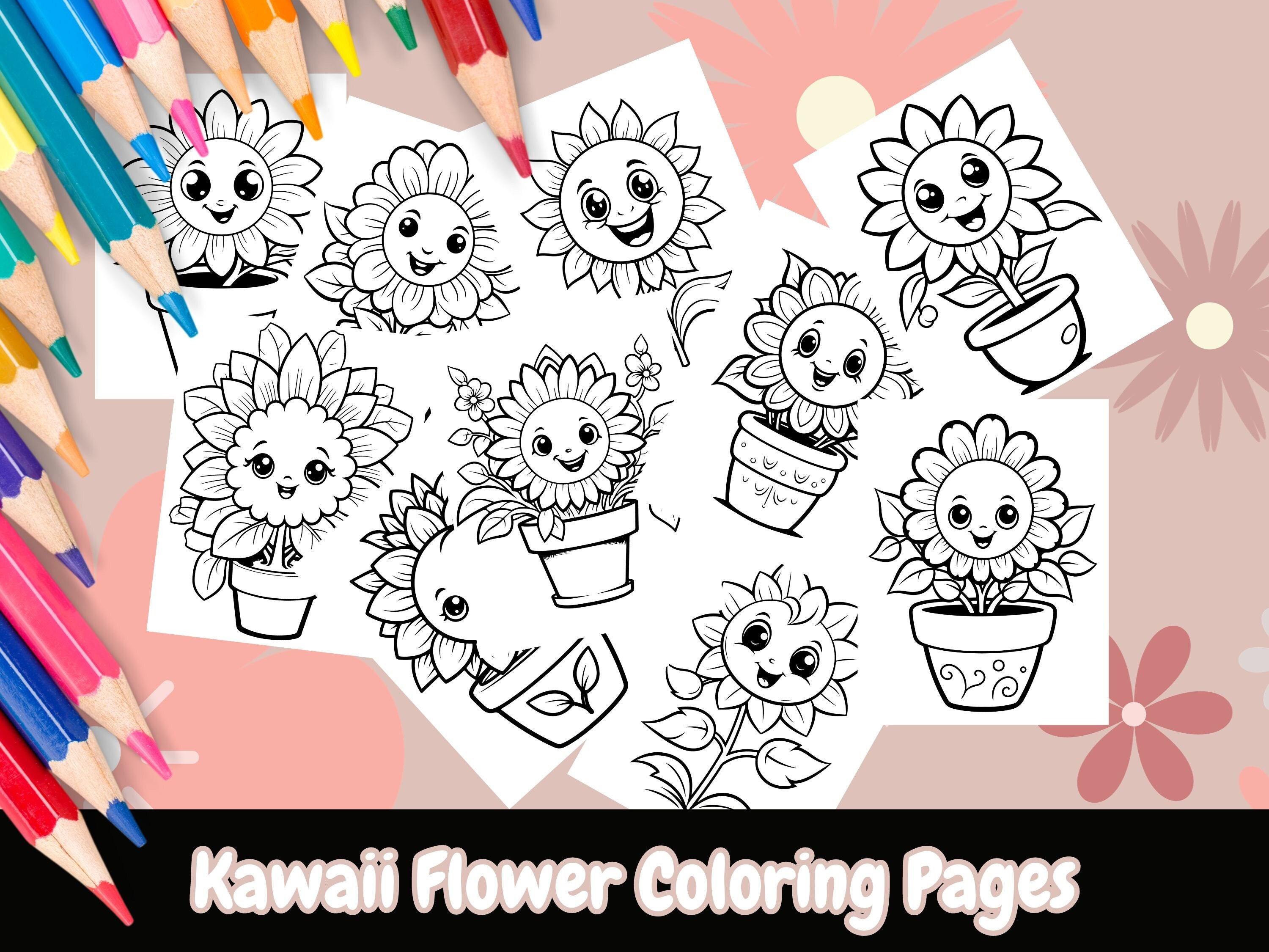 Kawaii Flower Coloring Pages for Kids, Kawaii, Coloring Book, Coloring ...