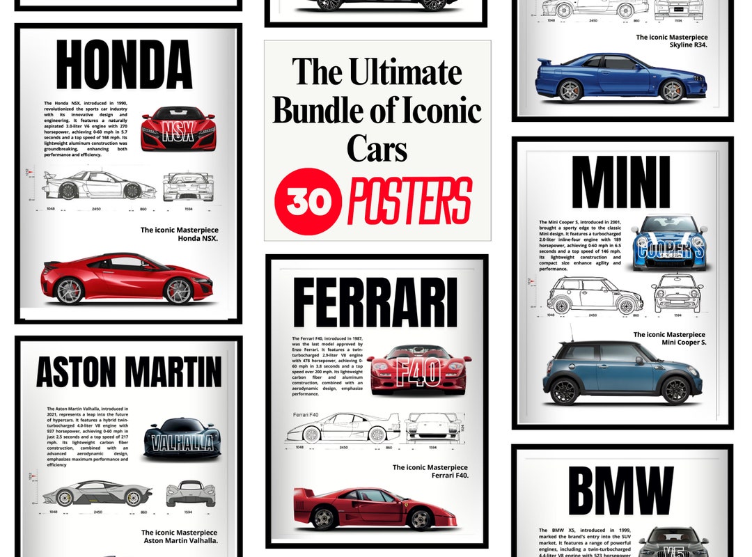 Set of 30 Car Posters Automotive, Sports Cars, Vintage, Retro, Wall Art ...