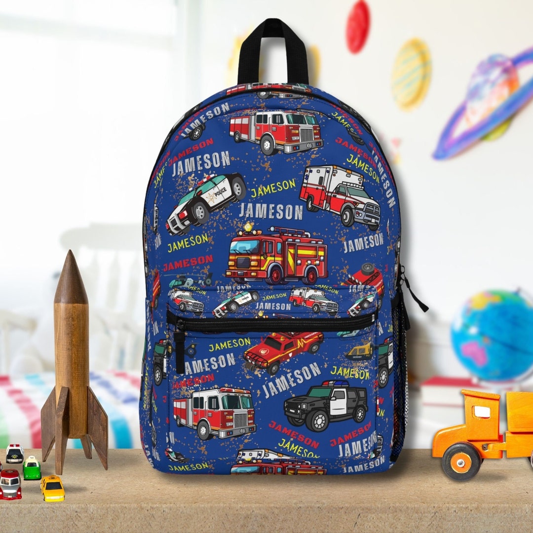 Personalized Emergency Vehicles Backpack, Custom Kids Backpack, Fire ...