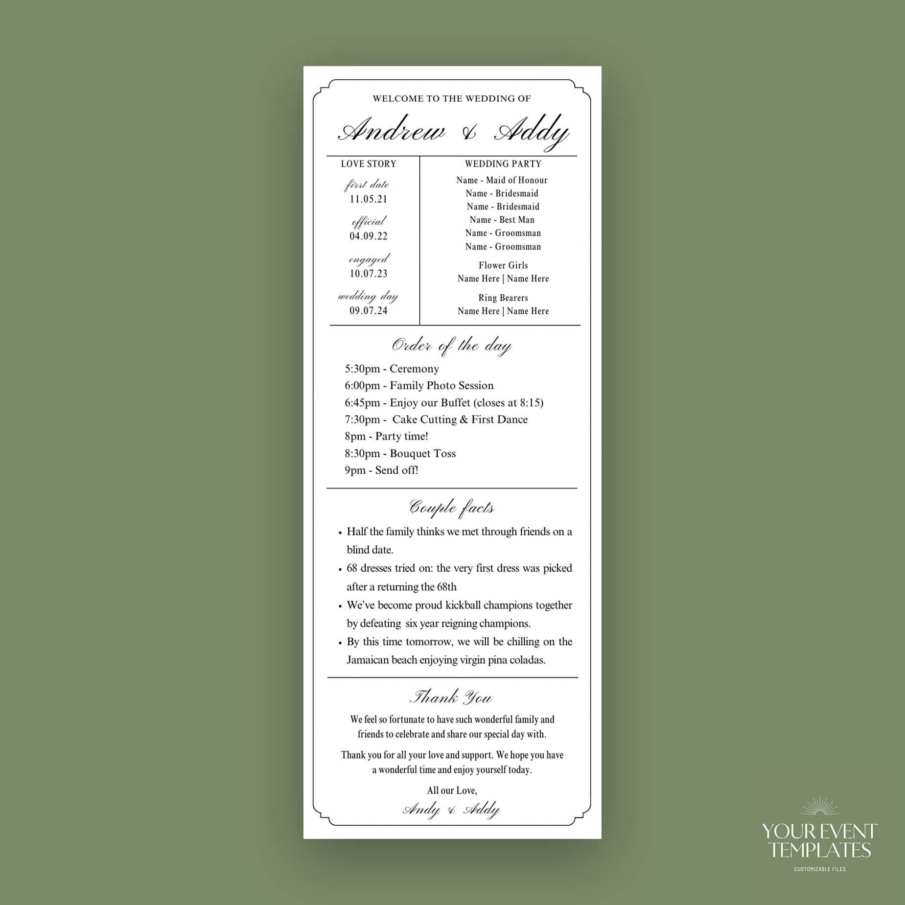 Wedding Day Brochure, Order of the Day, Ceremony Brochure, Couple Fun ...