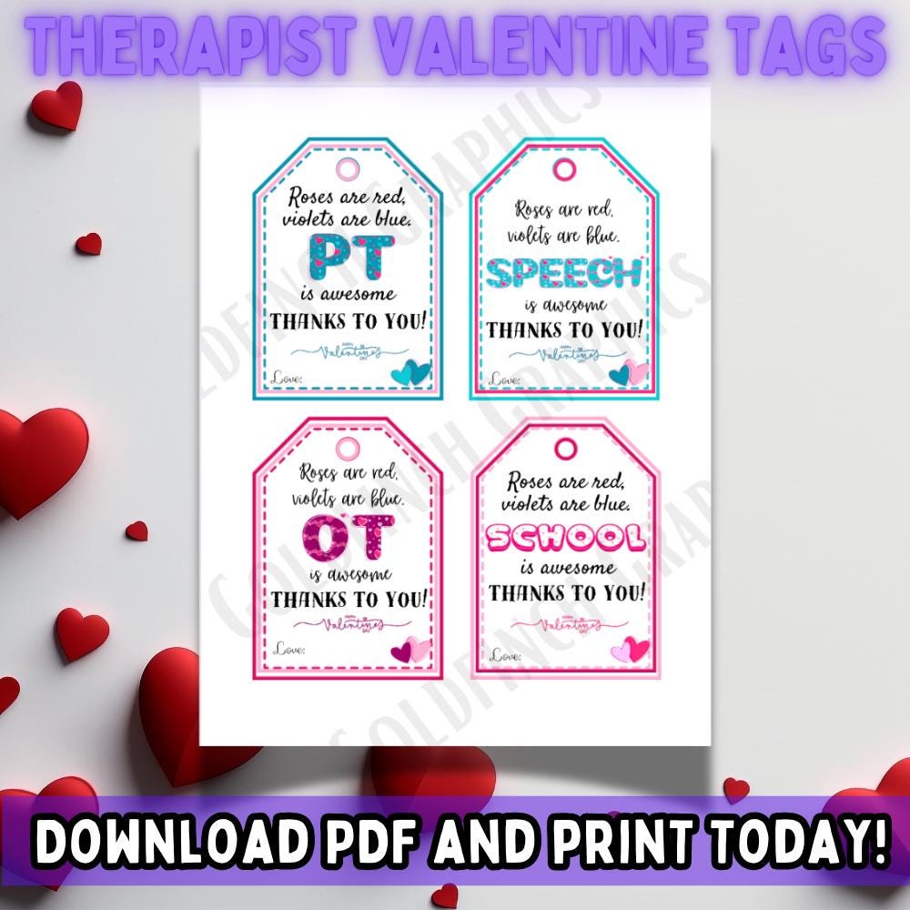 Therapist Valentine's Day Printable Tags PDF, Speech, OT, PT, Teacher ...