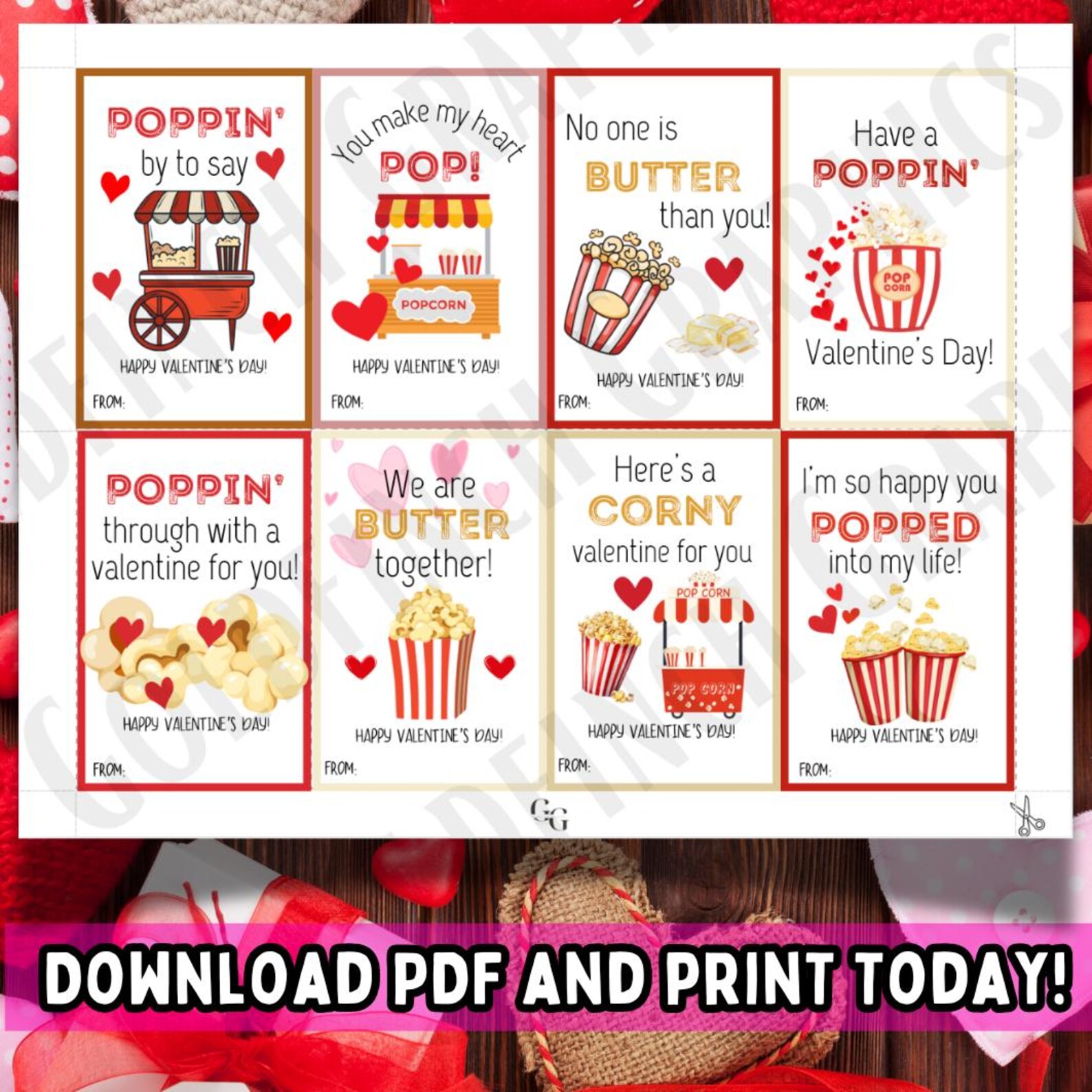 Popcorn Themed Valentine's Day Printable Cards PDF, Popcorn Printable ...