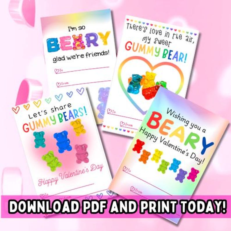 Valentines Day Printable Pdf's, Gummy Bear Valentines Cards - Etsy
