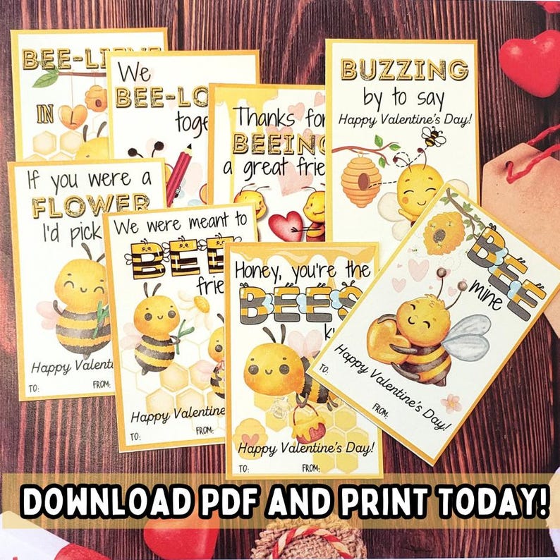 Bee Themed Valentine's Day Printable Cards PDF, Bee Printable ...