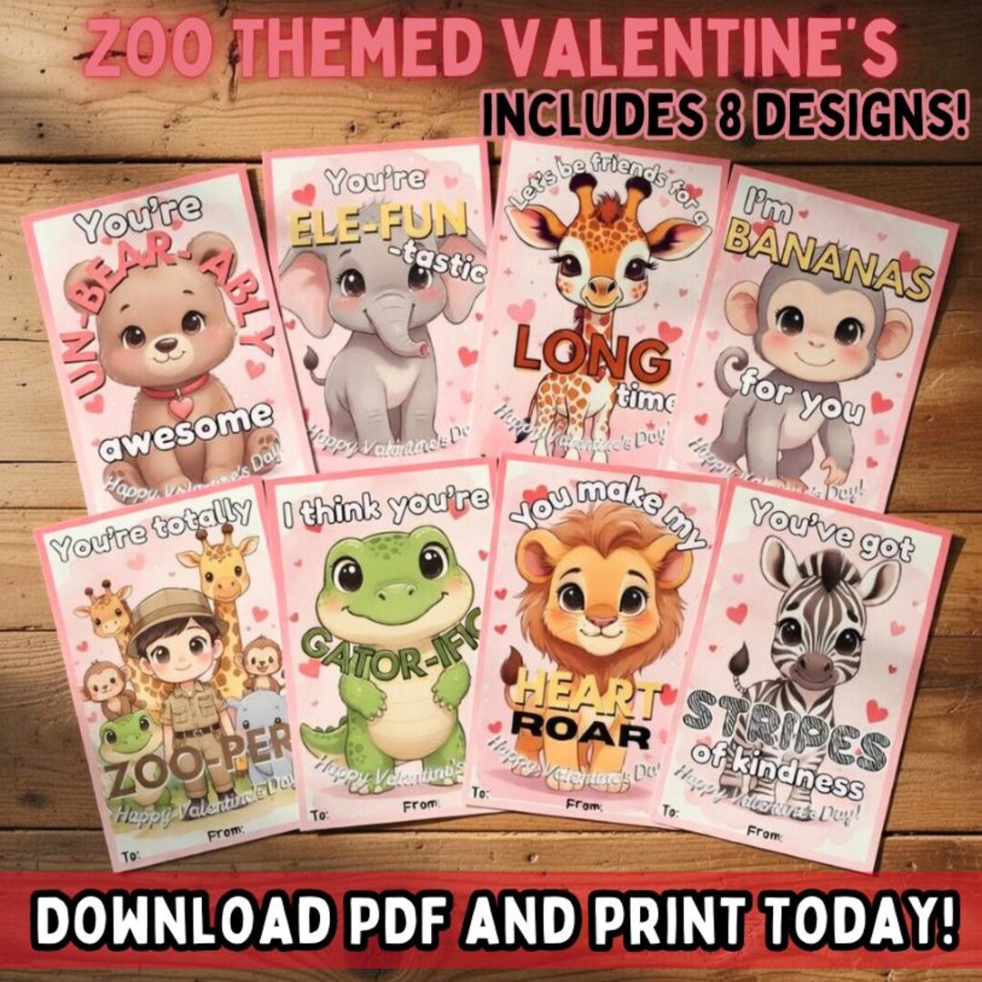 Zoo Themed Valentine's Day Printable Cards PDF, Zoo Printable ...