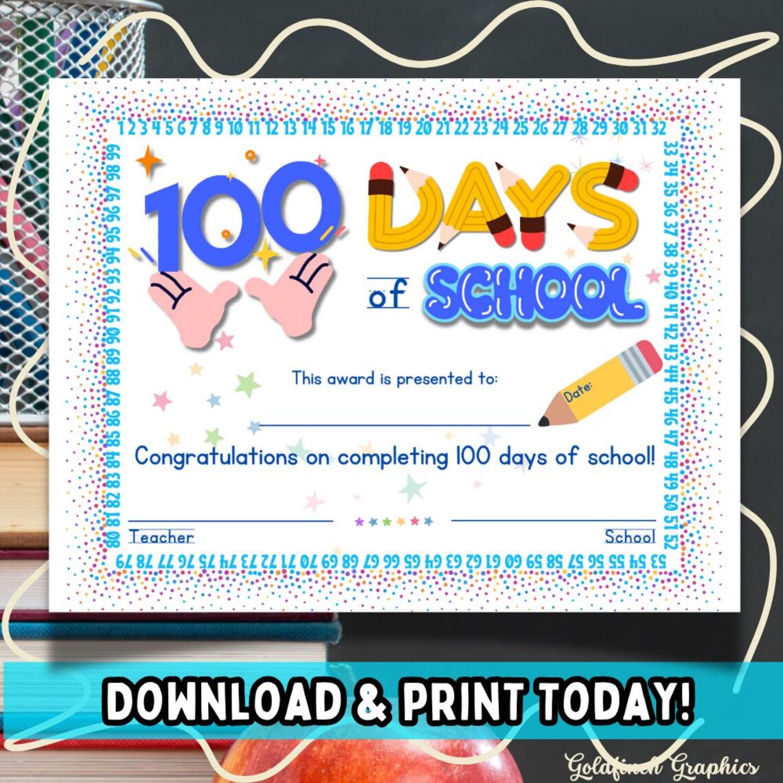 100 Days Certificate Printable PDF, 100 Days of School, Printable ...