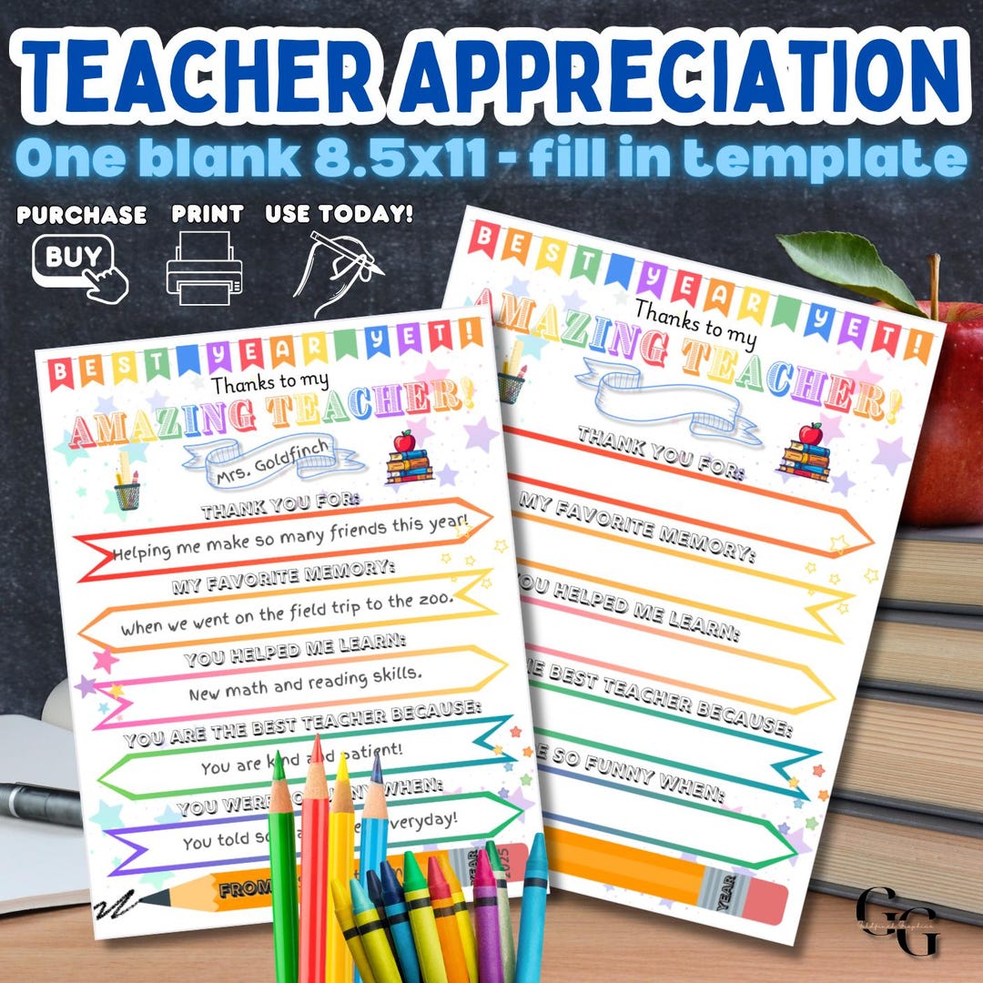 Teacher Appreciation Printable Template PDF, Teacher Gift From Student ...