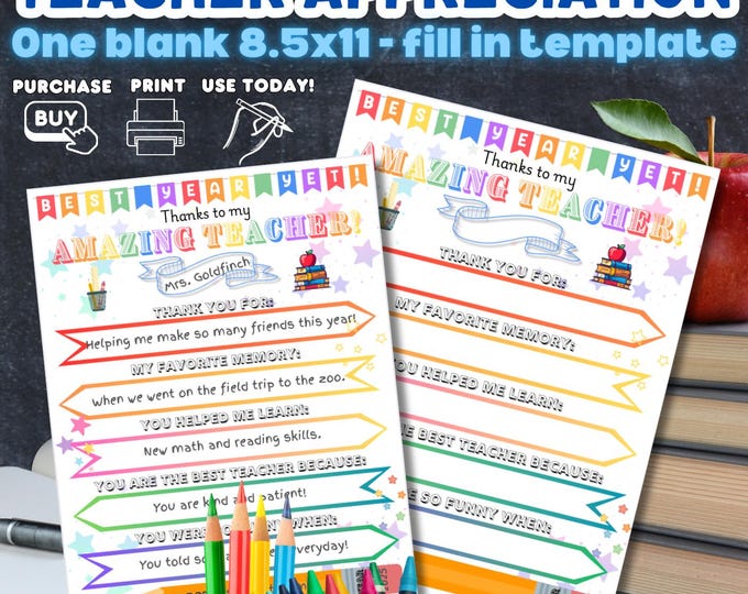 Teacher Appreciation Printable Template PDF, Teacher Gift From Student ...