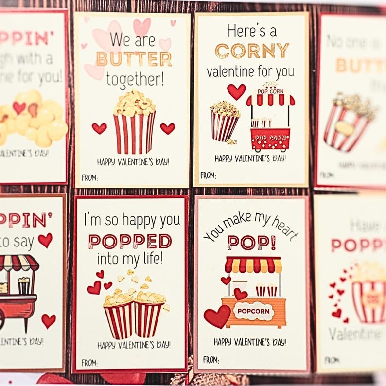 Popcorn Themed Valentine's Day Printable Cards PDF, Popcorn Printable ...