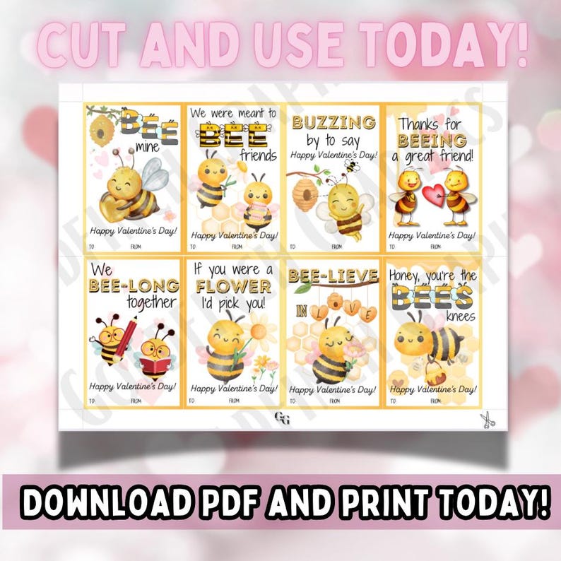 Bee Themed Valentine's Day Printable Cards PDF, Bee Printable ...