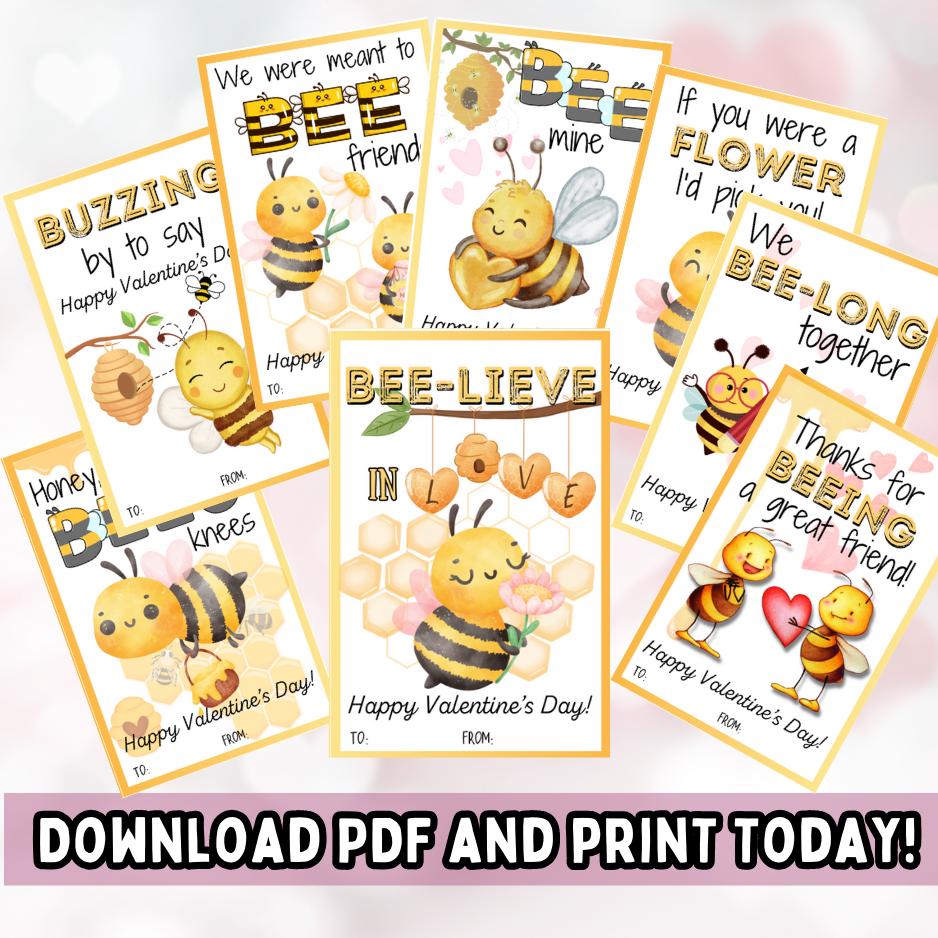 Bee Themed Valentine's Day Printable Cards PDF, Bee Printable ...