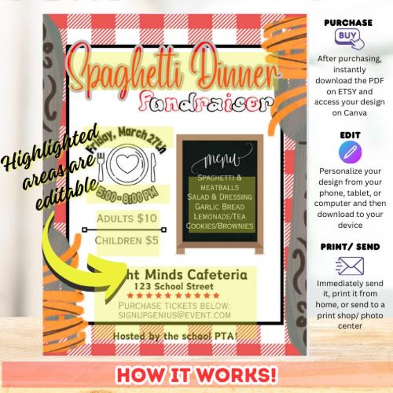 Spaghetti Dinner Fundraiser DIY Flyer Template - Etsy
