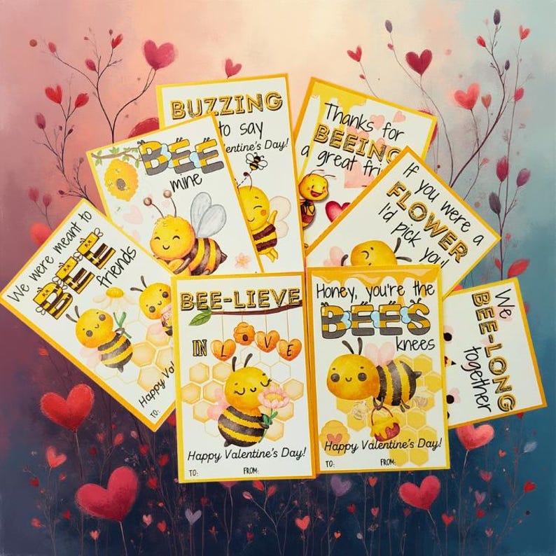 Bee Themed Valentine's Day Printable Cards PDF, Bee Printable ...