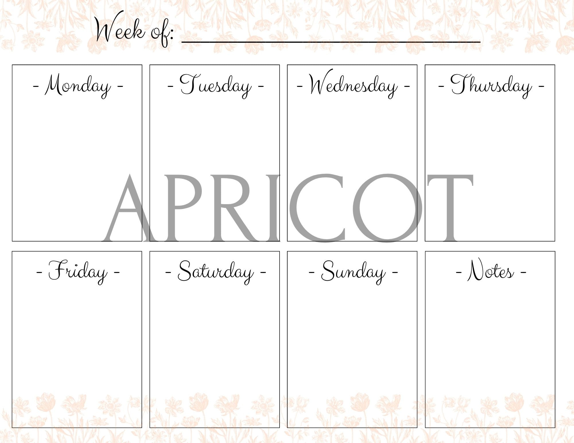 Weekly Overview Printable Planner Template - Undated - Apricot - Orange ...