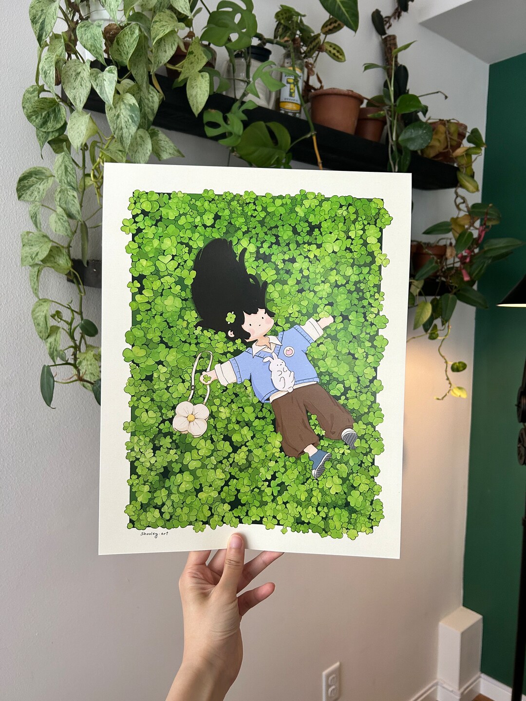 Clover Field Art Print: Girl and Bunny Illustration - Etsy
