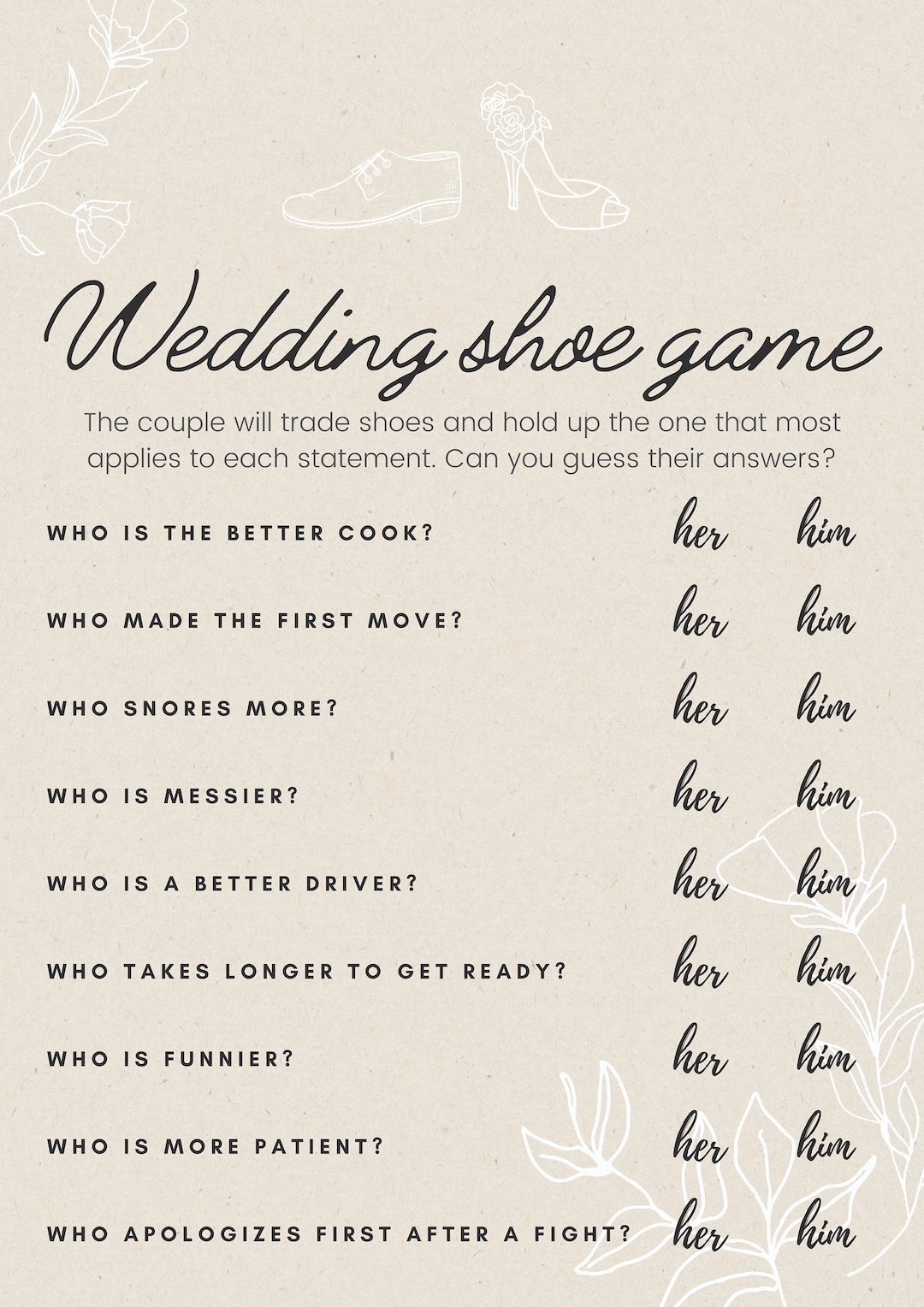 Wedding Shoe Game for Bridge & Groom - Etsy