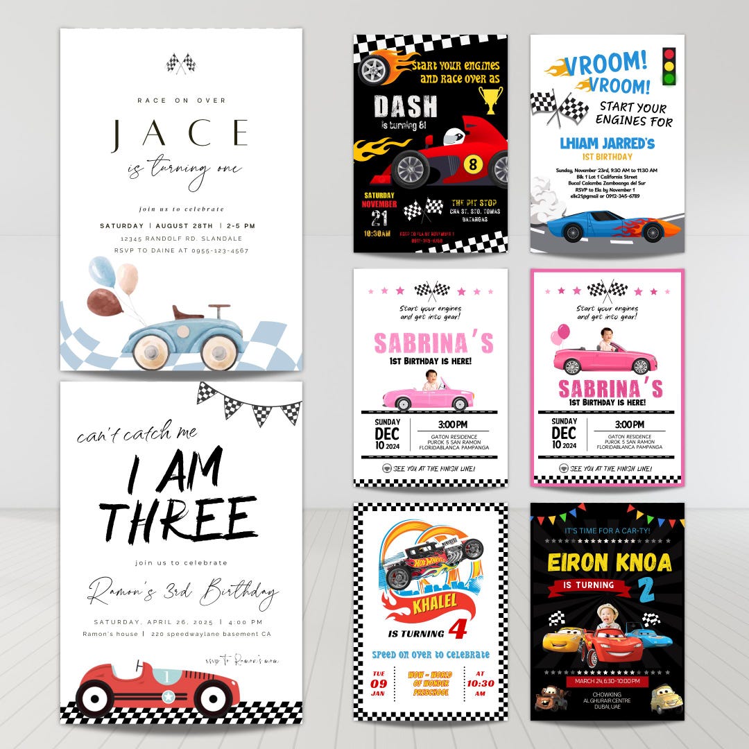 Vintage Blue Race Car Digital Invitation Birthday Party Invitation ...