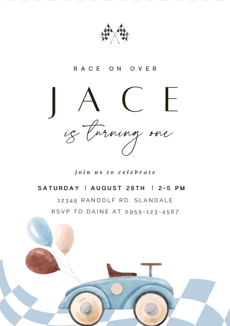 Vintage Blue Race Car Digital Invitation Birthday Party Invitation ...