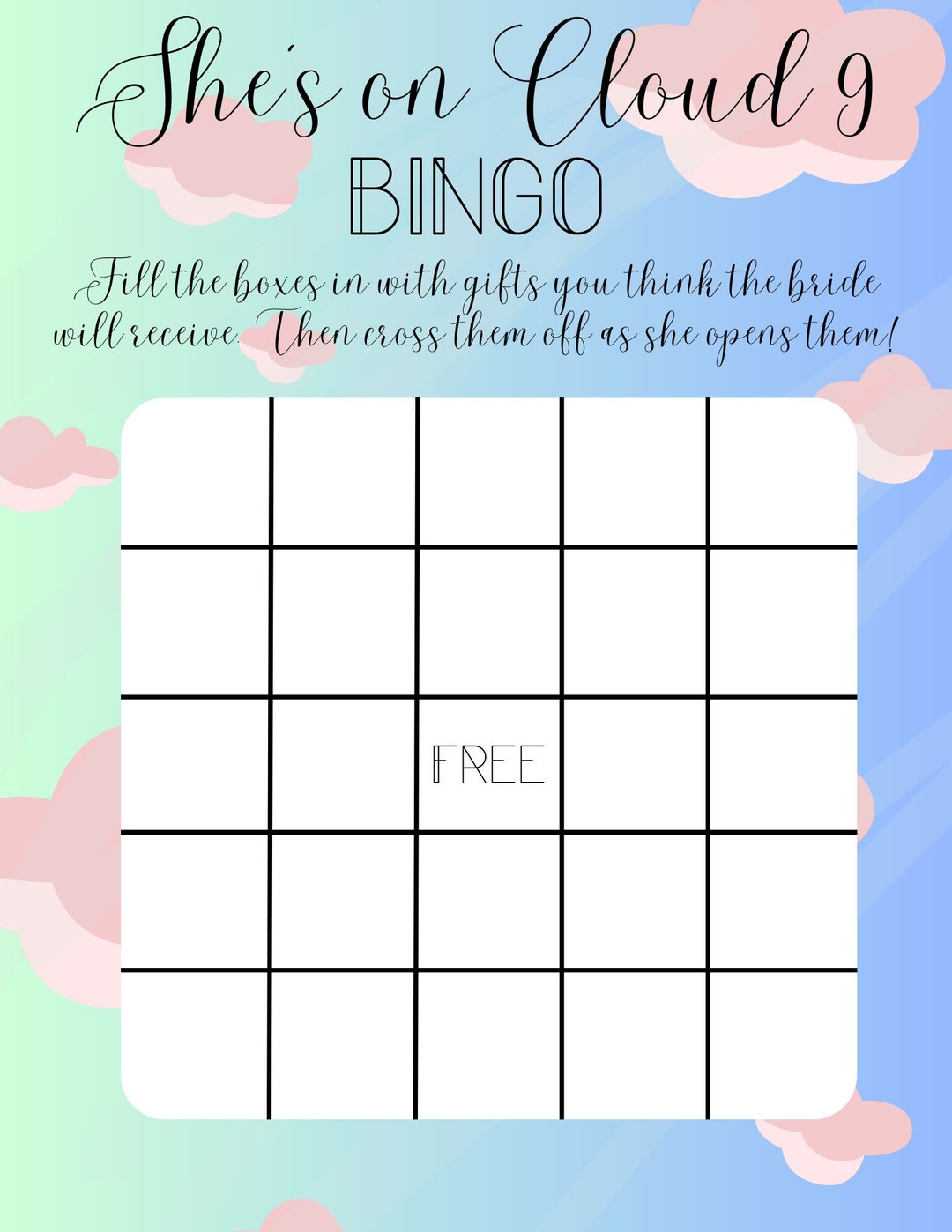 Bridal Bingo Cloud 9 Digital Download - Etsy