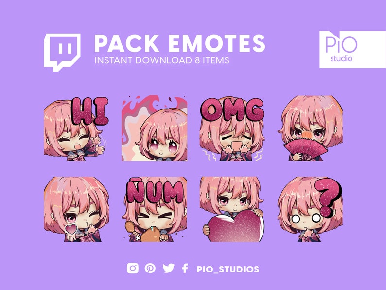 8 Pack Chibi Pink Character Emotes Twitch Social Media - Etsy