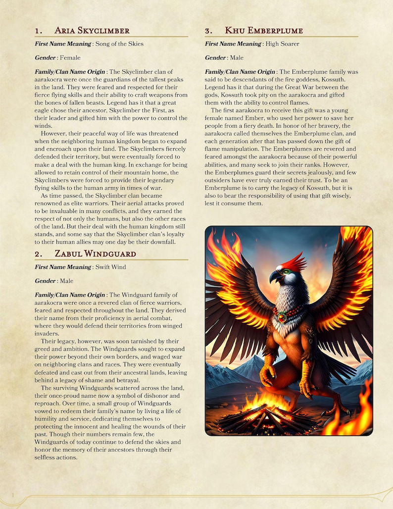 100 Aarakocra Families: Their Names and Histories Dungeons and Dragons ...