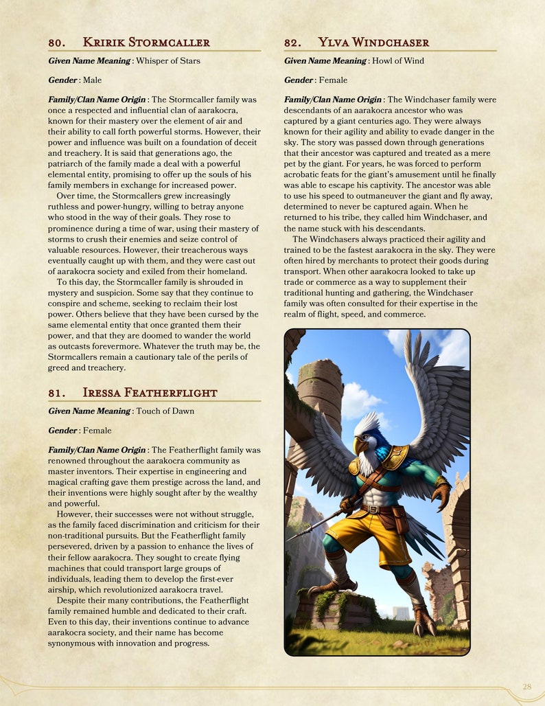 100 Aarakocra Families: Their Names and Histories Dungeons and Dragons ...