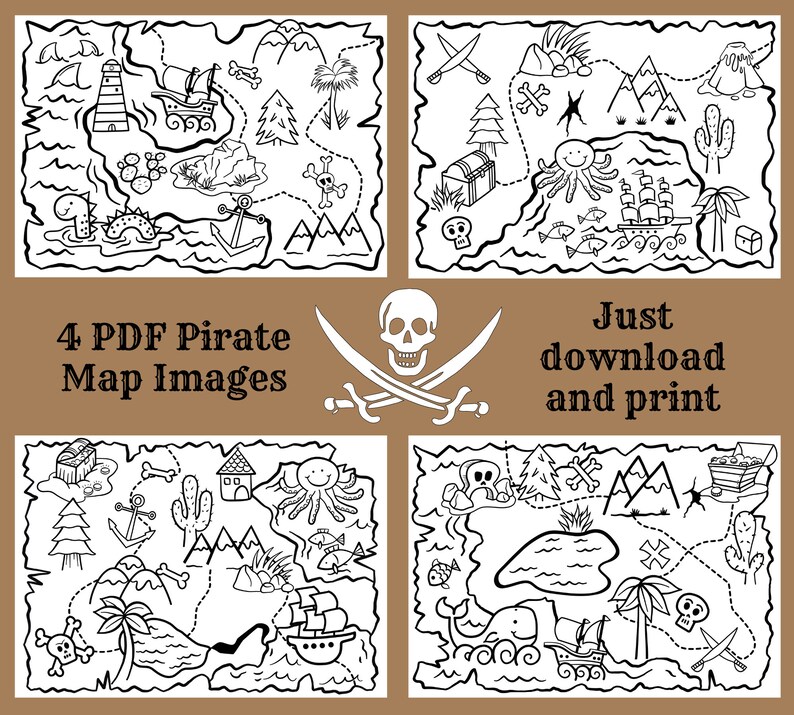 4 Pirate Treasure Maps Colouring Pages in PDF Format - for Travel and ...