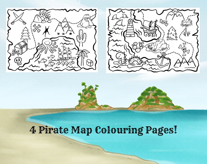 4 Pirate Treasure Maps Colouring Pages in PDF Format for Travel and ...