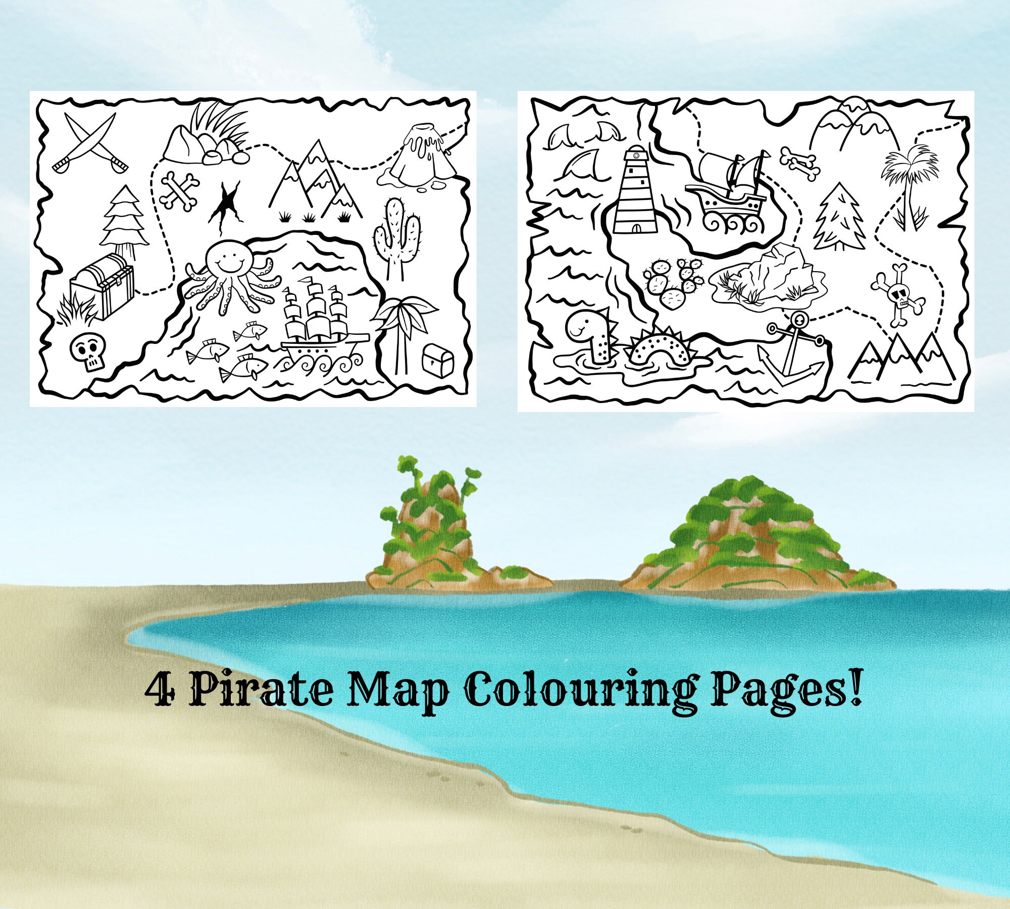 4 Pirate Treasure Maps Colouring Pages in PDF Format - for Travel and ...