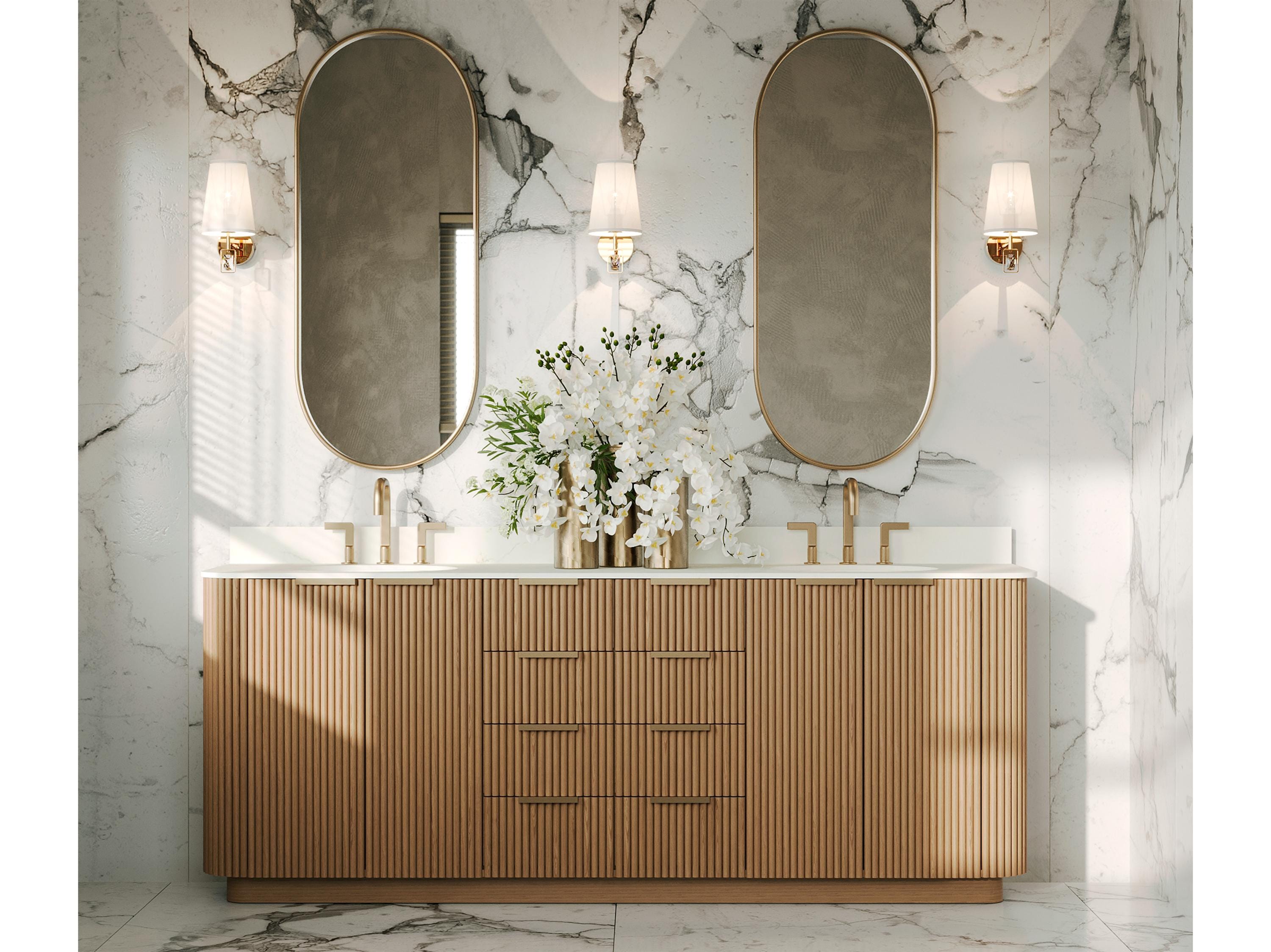 Curved Reeded Double Sink Bathroom Vanity: Solid White Oak, Modern ...