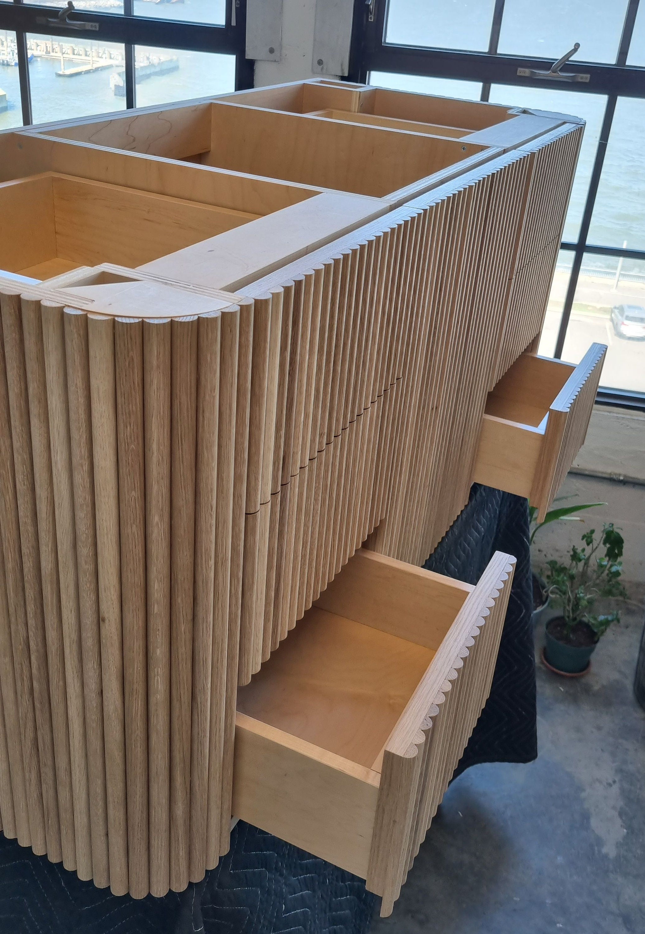 Custom Floating Vanity With White Oak Rounded Reeds Front With Drawers ...