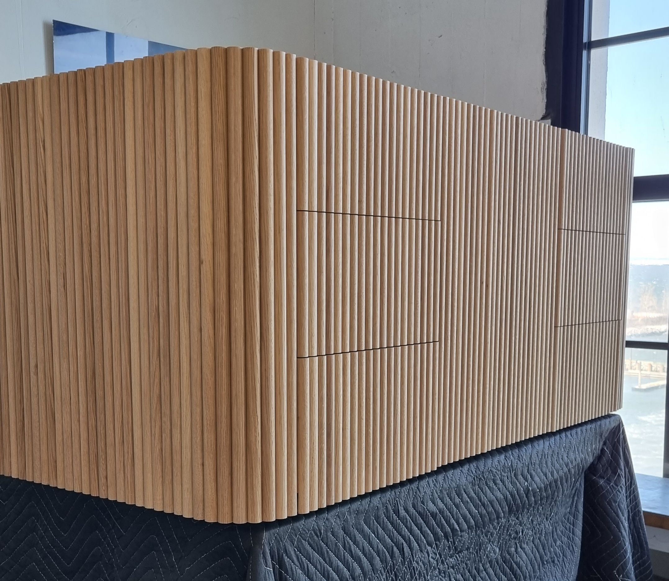 Custom Floating Vanity With White Oak Rounded Reeds Front With Drawers ...